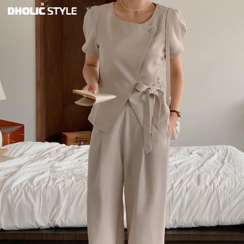 【楽天市場】レーディス 韓国ファッション dholic 夏 summer なつ ss パフ半袖ラップブラウス&タックワイドパンツSET・p679856 セットアップ パンツセット ポリエステル ...