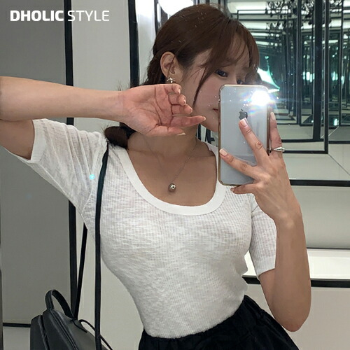 【楽天市場】リブUネック半袖Tシャツ・p546168 レディース 【tops】 韓国ファッション トップス Tシャツ Uネック 半袖 ショート丈 リブ スリムフィット 細身 タイト モダール混 ...