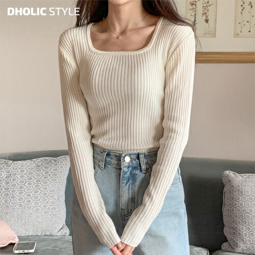 【楽天市場】スクエアネックリブニット・p587120 レディース 【tops】トップス ニット 長袖 リブ スクエアネック タイト スリム ...