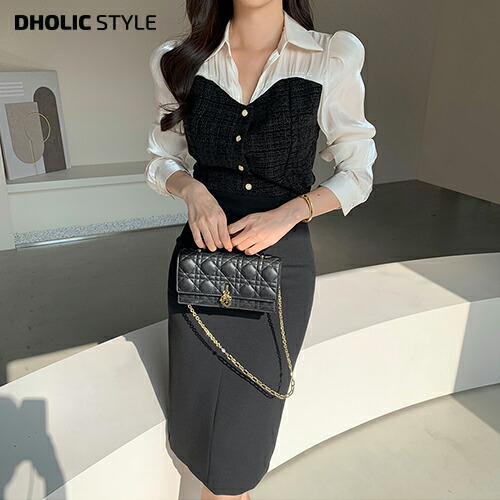 【楽天市場】ツイード配色ブラウス・p634964 レディース 【bl】トップス 長袖 カラーネック ツイード ブラウス パフスリーブ ...