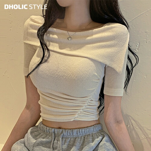 【楽天市場】レディース tops トップス クロップド 半袖 リブ アンバランスネック タイト 無地 フェミニン カジュアル 春 夏 SSMORE 韓国ファッション：DHOLIC