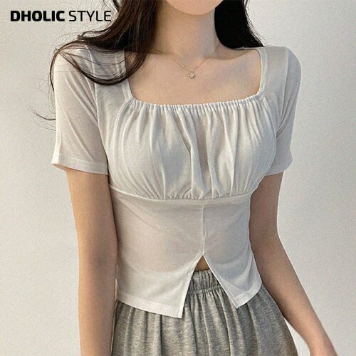 【楽天市場】レディース tops トップス クロップド ギャザー スリム コットン 無地 フェミニン カジュアル 春 夏 SSPEEL 韓国ファッション：DHOLIC
