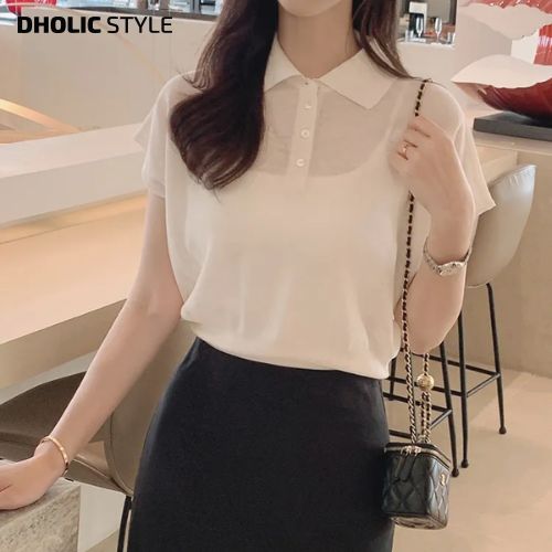 【楽天市場】レーディス 韓国ファッション dholic 夏 summer なつ ss ポロカラードルマンシアー半袖ニット・p676721 ニット ニット/セーター サマーニット 薄手 ...