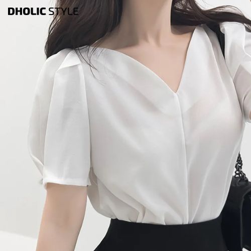 【楽天市場】レーディス 韓国ファッション dholic 夏 summer なつ ss パフスリVネックブラウス・p679603 ブラウス 半袖ブラウス ポリエステル100% ハートネック ...