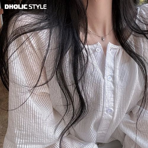 【楽天市場】レーディス 韓国ファッション dholic 夏 summer なつ ss ストライプパフスリーブブラウス・p680945 ブラウス 長袖ブラウス ボリューム袖 ぽわん袖 シャツ ...