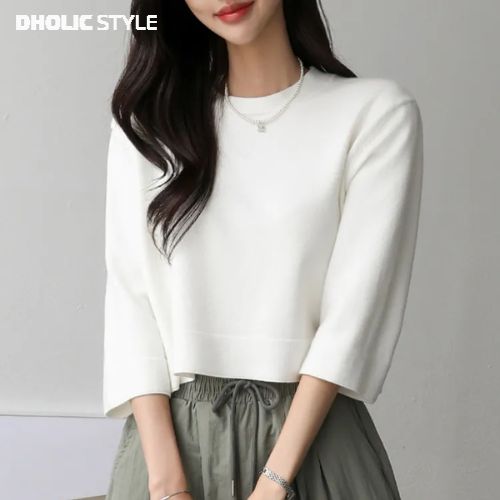 【楽天市場】【スーパーセール】レーディス 韓国ファッション dholic 夏 summer なつ ss 7分袖クロップドニット・p681246 ニット ニット/セーター アクリル100% ...