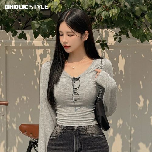【楽天市場】レーディス 韓国ファッション dholic 春 spring はる ss 秋 fall autumn あき fw Vネックスリムクロップド長袖Tシャツ・p681414 トップス ...