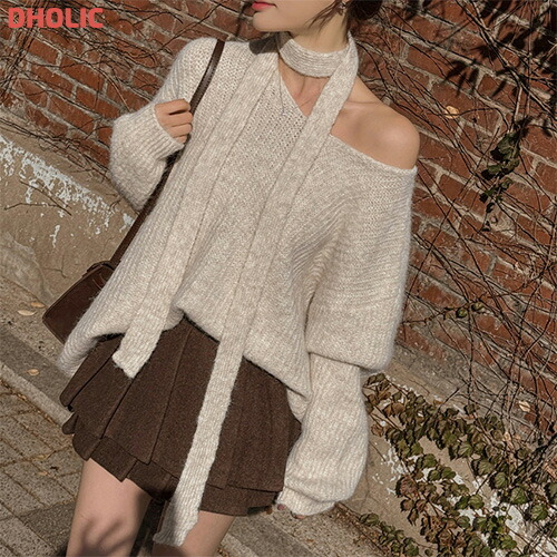 【楽天市場】kn レディース 韓国ファッション トップス ニット 長袖 Vネック 厚手 ゆったり マフラーセット シンプル フェミニン カジュアル 秋 冬 SSHIGH：DHOLIC