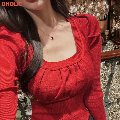 【楽天市場】kn レディース 韓国ファッション トップス ニット 長袖 スクエアネック クロップド パフスリーブ スリム タイト セクシー フェミニン カジュアル デート 春 秋 SSHIGH ...