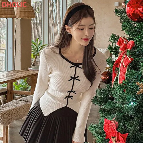 【楽天市場】[1218NEW] kn レディース 韓国ファッション トップス ニット 長袖 ラウンドネック クロップド リボンポイント タイト スリム リブ セクシー ラブリー フェミニン ...