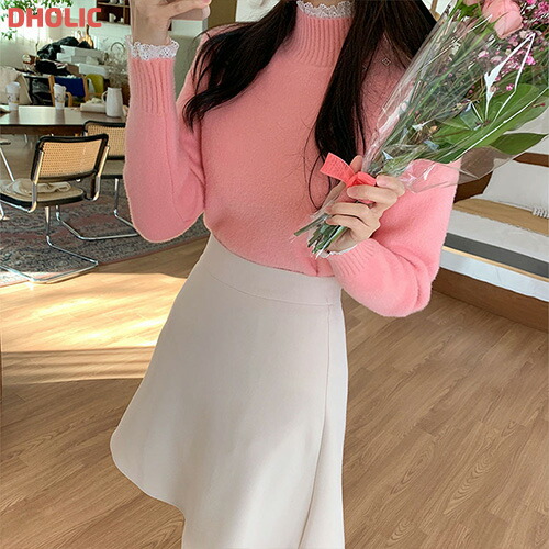 【楽天市場】[0114NEW] kn レディース 韓国ファッション トップス ニット 長袖 ハーフネック レースヘム 伸びる クロバーポイント ...