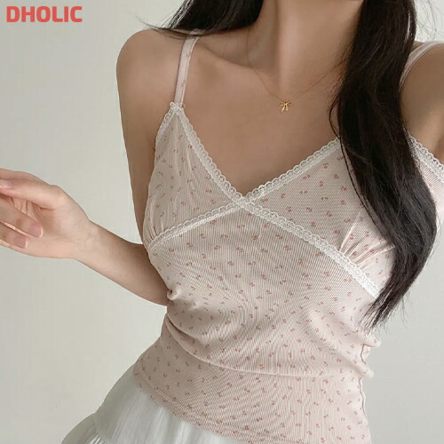 【楽天市場】[0327NEW] tops レディース 韓国ファッション トップス ノースリーブ キャミソール 小花柄レース リブキャミソール タイト スリム レイヤード 薄手 インナー ...