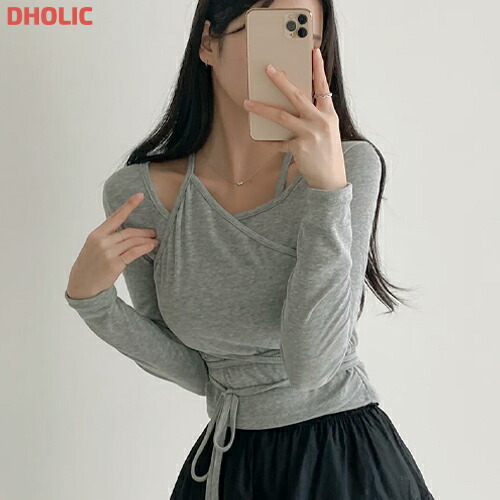 【楽天市場】[0327NEW] tops レディース 韓国ファッション トップス カットソー 長袖 レイヤード アンバランスホルター 無地 スリム 着回し カジュアル デイリー デート お ...