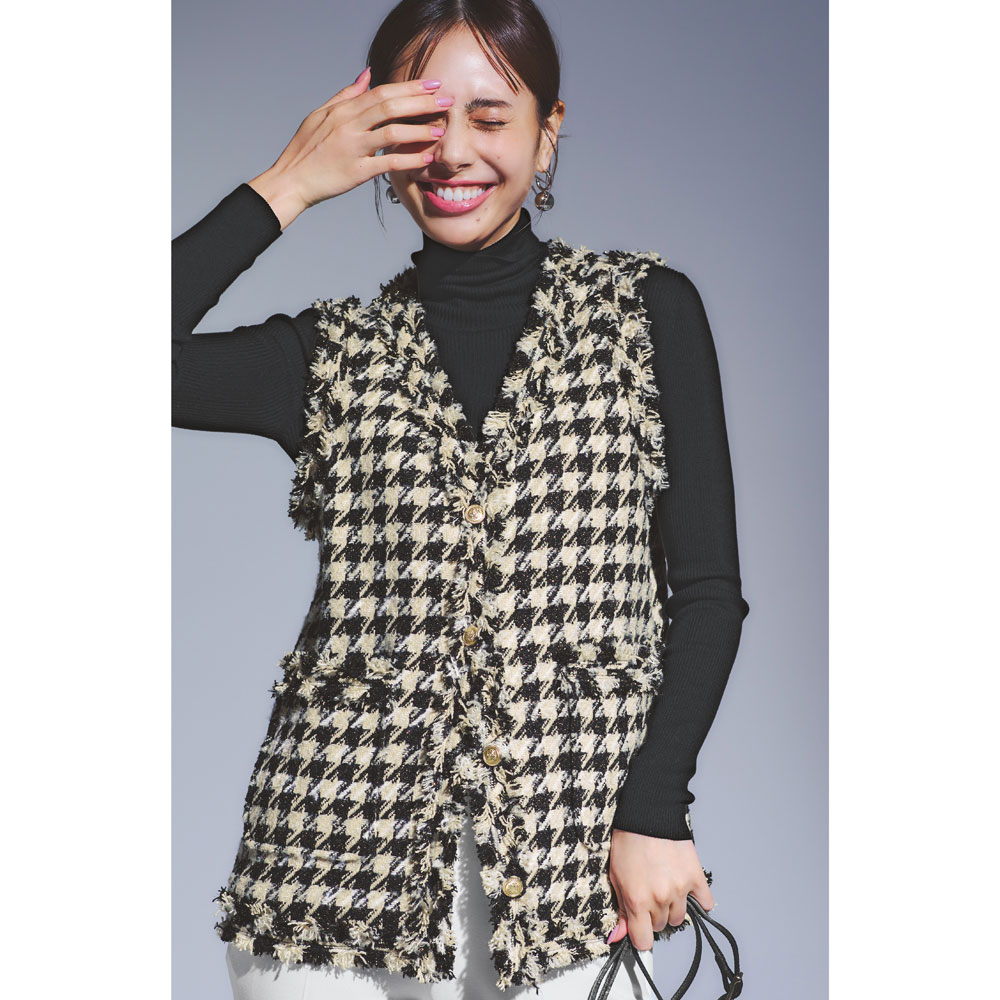 【楽天市場】プリント 柄トップス トップス ラメ ツイード ウール Vネック ウール混ラメ入り 千鳥柄ツイードジレ 316702：ディノス楽天市場店