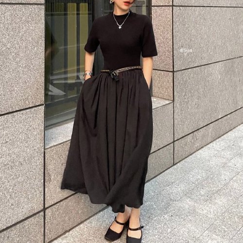 【楽天市場】ハイネック 起毛 カットソー 切替 ハースリーブ マキシ フレア ワンピース：DIRA