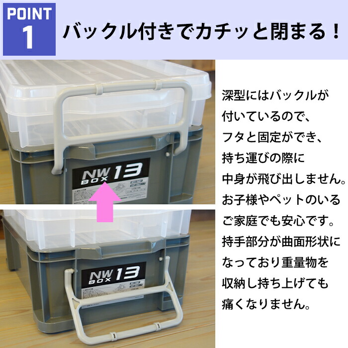 【楽天市場】コンテナ 収納ボックス NWボックス #13 小物収納 生活用品 アウトドア DIY用品 フタ付き バックル付き 目盛り付き 深型 浅型 2段タイプ 仕切板 積み重ね スタッキング ...