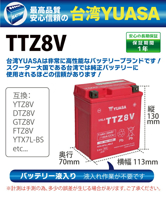 【楽天市場】バイク バッテリー YTZ8V 互換 【TTZ8V】 台湾 ユアサ (互換: YTZ8V DTZ8V GTZ8V FTZ8V ...