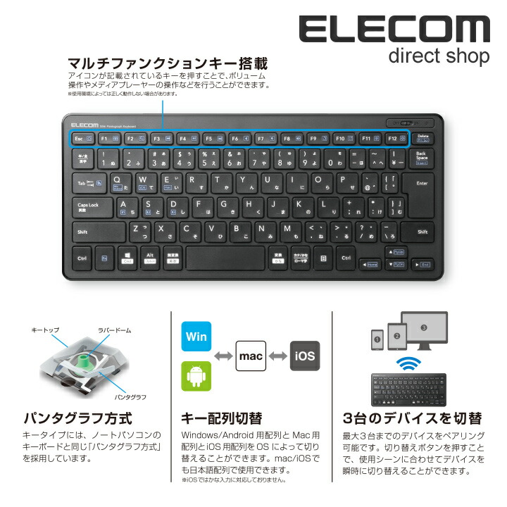 【楽天市場】エレコム ワイヤレス ミニ キーボード 超薄型 Bluetooth ブラック Windows11 対応 TK-FBP100BK：エレコムダイレクトショップ