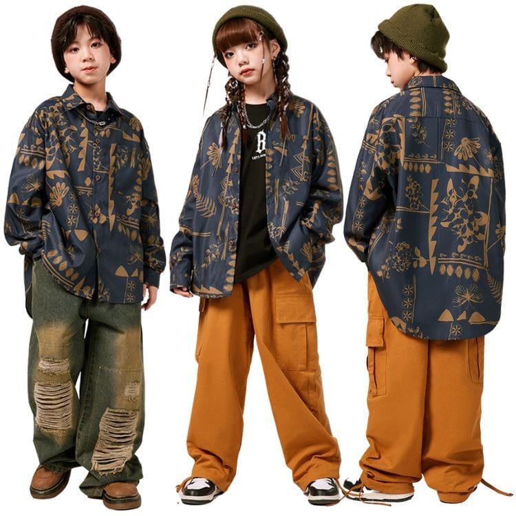 【楽天市場】ダンス衣装 柄シャツ 長袖 カーゴパンツ デニムパンツ k-pop ダンス衣装 セットアップ 子供服 ヒップホップ 女の子 男の子 シャ：EMI Felice shop 楽天市場店