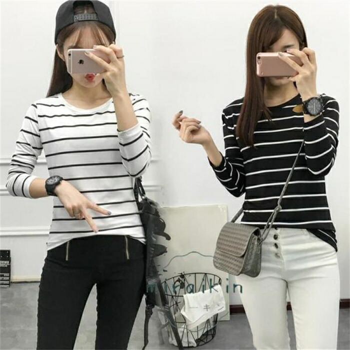 【楽天市場】Tシャツ ボーダー柄 長袖 黒 白 マリン風 レディース トップス ボーダー柄長袖Tシャツ 春秋 着痩せ 大人 楽ちん ブラック ...