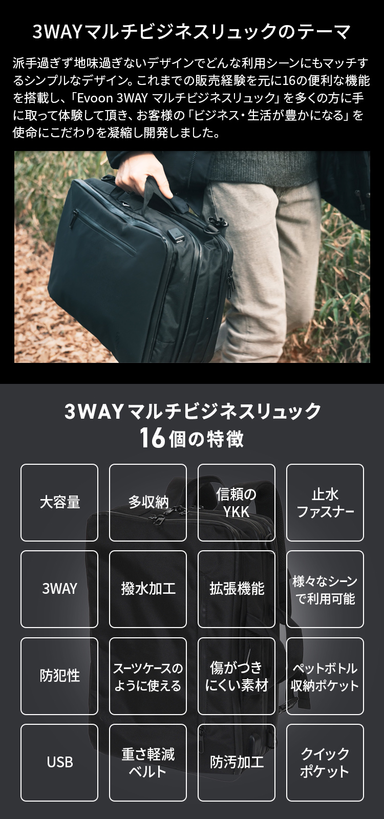 【楽天市場】【クーポン配布中！】16個の機能搭載！ Evoon 3way ビジネスリュック バックパック 35l メンズ リュックサック 多機能 大容量 多収納 防犯 撥水 USB 充電 ...