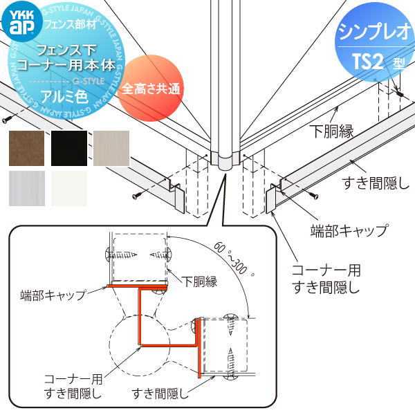 【楽天市場】【部品】 フェンス YKK YKKap シンプレオフェンスTS2型用 フェンス下すき間隠し自由柱コーナー部品 全高さ共通 旧ST1F型 境界 屋外 アルミ 形材フェンスガーデン ...