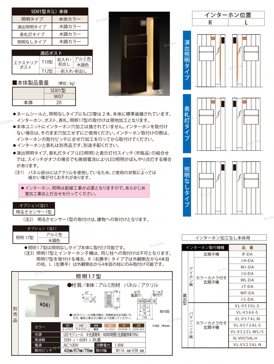 【楽天市場】【無料プレゼント対象商品】 門柱 YKK YKKap ルシアスウォール SD01型 W07 演出照明タイプ 木調カラー ポストなし ルシアス 機能門柱 機能ポール 一戸建て用 屋外 ...