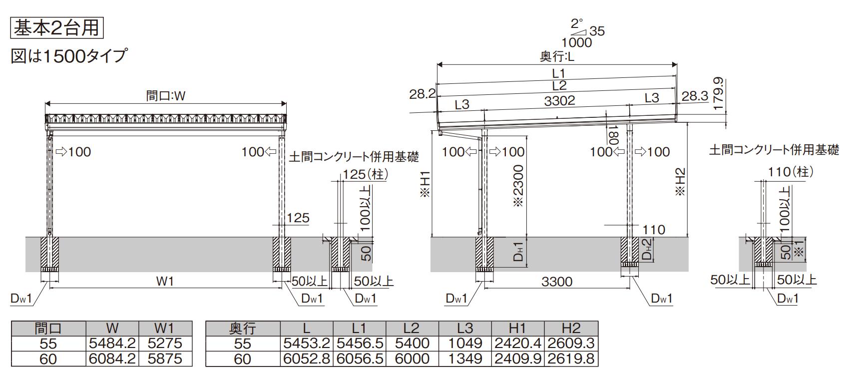 【楽天市場】カーポート 2台用 工事付 カーポートSW 55-55 本体+基本工事費込み 【 標準柱 / スチール折板屋根 仕様 / LIXIL / 標準工事費込 】 折板カーポート 積雪 ...