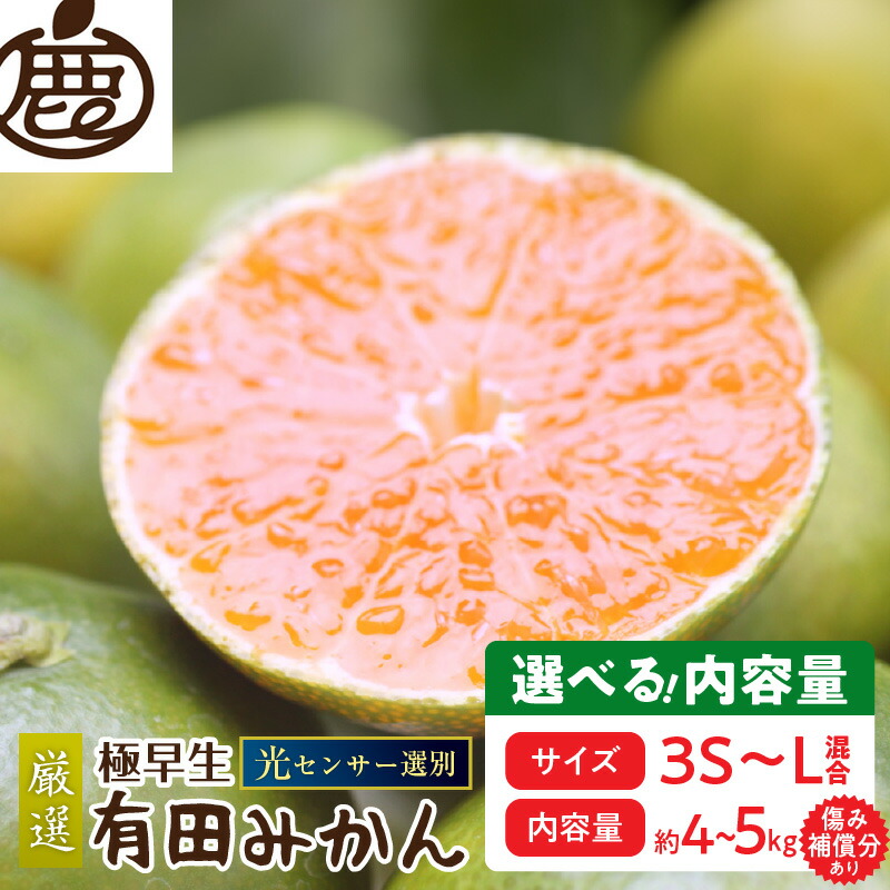 【楽天市場】【ふるさと納税】＜9月より発送＞厳選 極早生有田みかん 選べる 内容量 4kg+120g 5kg+150g （傷み補償分） サイズ混合 【YN26・ゆら早生】【光センサー選果 ...