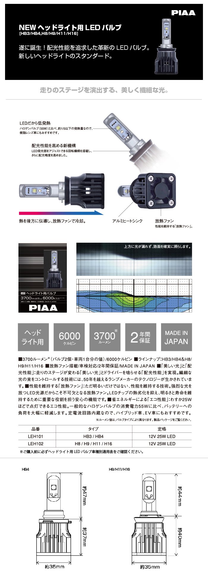 【楽天市場】PIAA ( ピア ) LEDヘッドライトバルブ 3700lm 6000K H8/H9/H11/H16 ホワイト 12V25W 2個入り LEH102：FIDELA