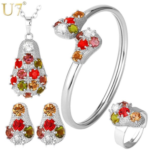 【楽天市場】【送料無料】 クリスタル ネックレス セット カラフル ラインストーン ピアスブレスレット リング ブライダル ジュエリー ...