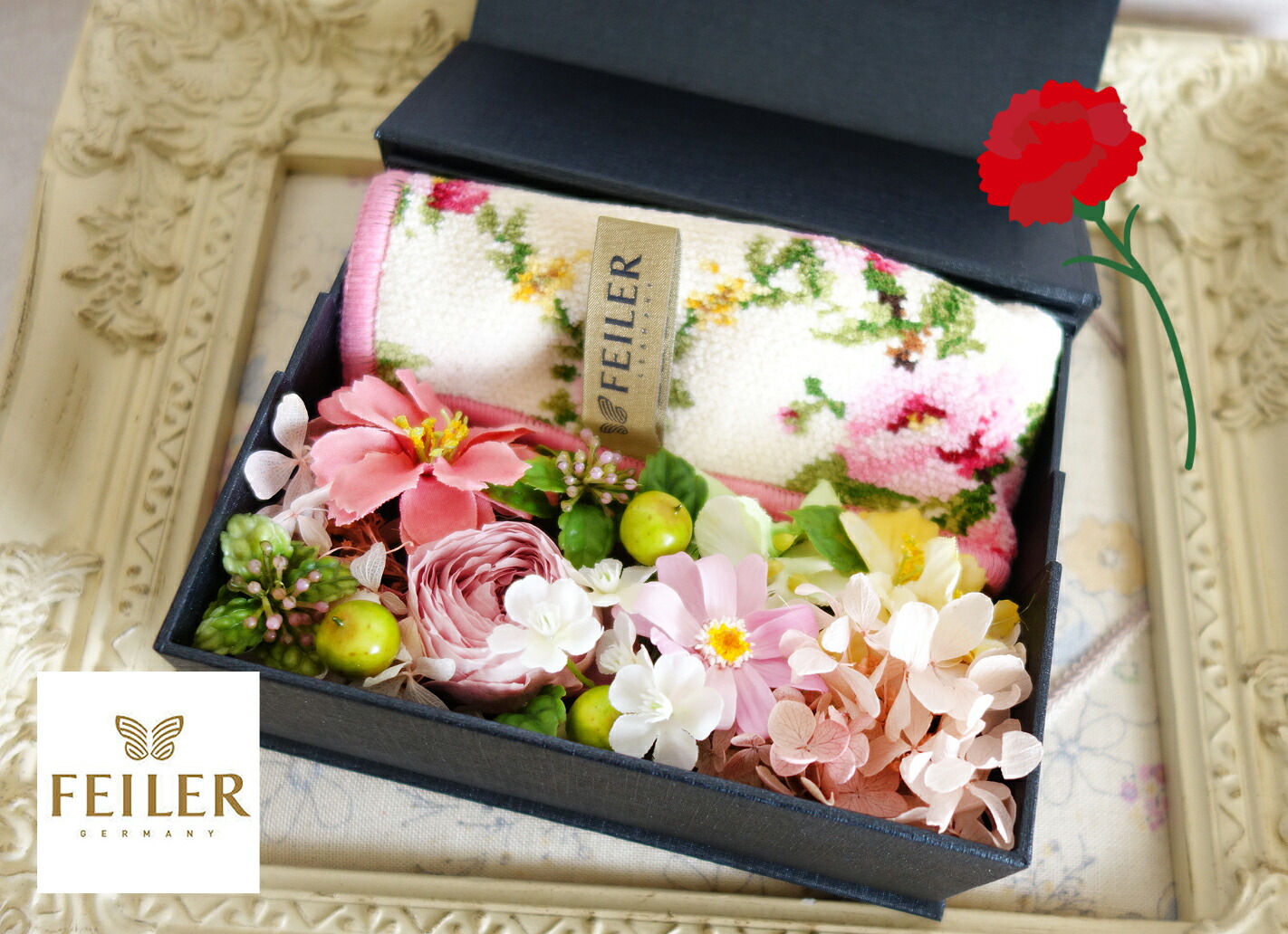 【楽天市場】母の日ギフト フェイラー「アメリ」＆フラワーBOXセット フォトフレームフラワーBOXとフェイラータオルハンカチセット 送料無料 【feiler】フェイラー ハンカチ25cm ...