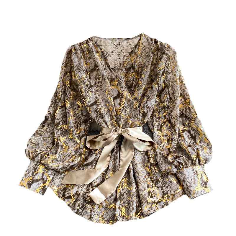 【楽天市場】ヘビ柄 シャツ 韓国 レディース 長袖 Vネック スネーク プリント パイソン 春夏 ブラウス ウエストリボン シフォン キラキラ ...