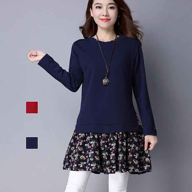 【楽天市場】ワンピース 花柄ワンピース レイヤード風 ウエスト切り替え Aラインワンピース 長袖 Tシャツワンピース：福和貿易 楽天市場店