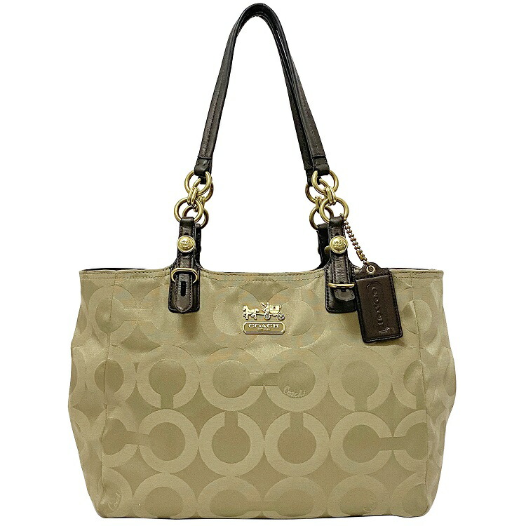 【楽天市場】【送料無料】 コーチ トートバッグ ベージュ ブラウン オプアート 15758 軽量 キャンバス レザー 中古 COACH ...