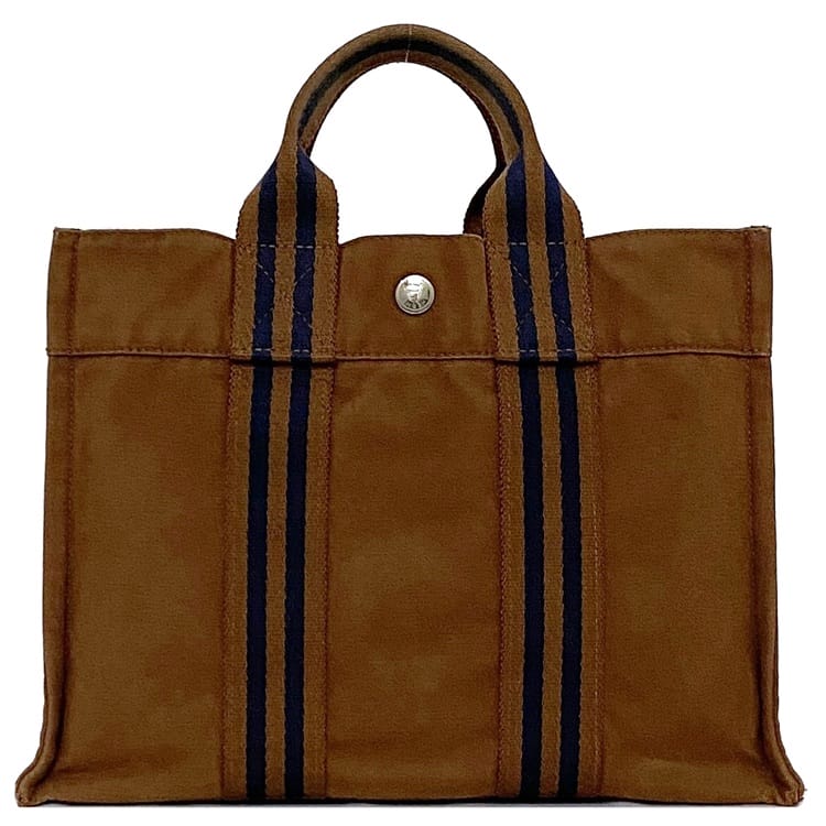 【楽天市場】【送料無料】 エルメス ハンドバッグ フールトゥ PM ec-21584 ブラウン ネイビー ストライプ ミニバッグ キャンバス ...