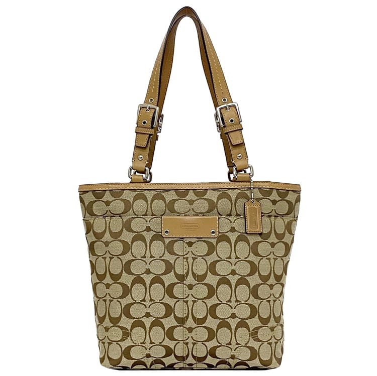 【楽天市場】【送料無料】 コーチ トートバッグ ec-22302 ベージュ シグネチャー F13077 美品 キャンバス レザー 中古 COACH 軽い チャーム付 大容量 ロゴ 自立 定番 ...