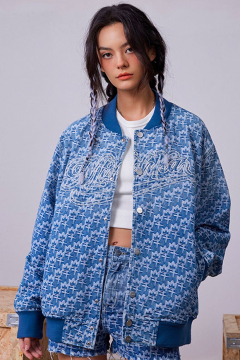 【楽天市場】MISHKA (ミシカ)CROWN JACQUARD DENIM VARSITY JACKET M21200551 BLUE ...