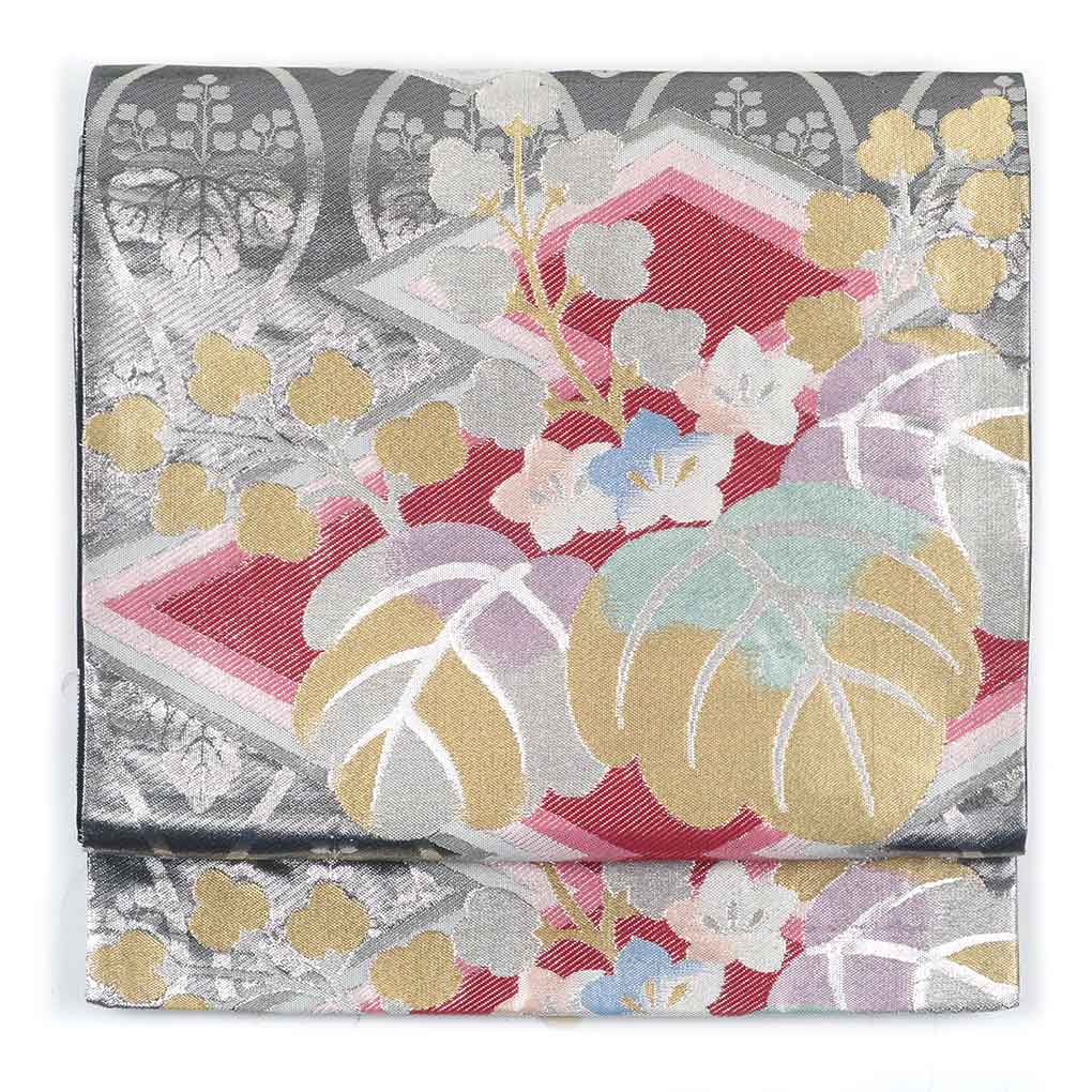 【楽天市場】【中古】袋帯 リサイクル帯 幅30.5cm 長さ422cm レディース 花柄 秋冬春用 正絹（シルク）シルバー やや難 リメイク リユース：リサイクル着物 呉服のきくや