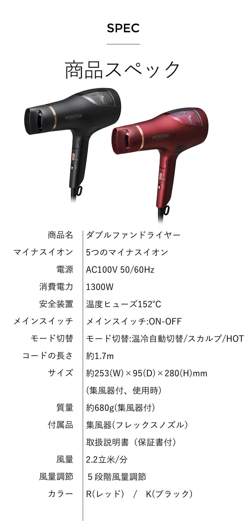 【楽天市場】【メーカー公認店/正規保証付】モンスター ダブルファンドライヤー KHD-W900（KHD-W905と同等品）【正規店】 Monster KOIZUMI コイズミ 小泉成器 大風量 ...