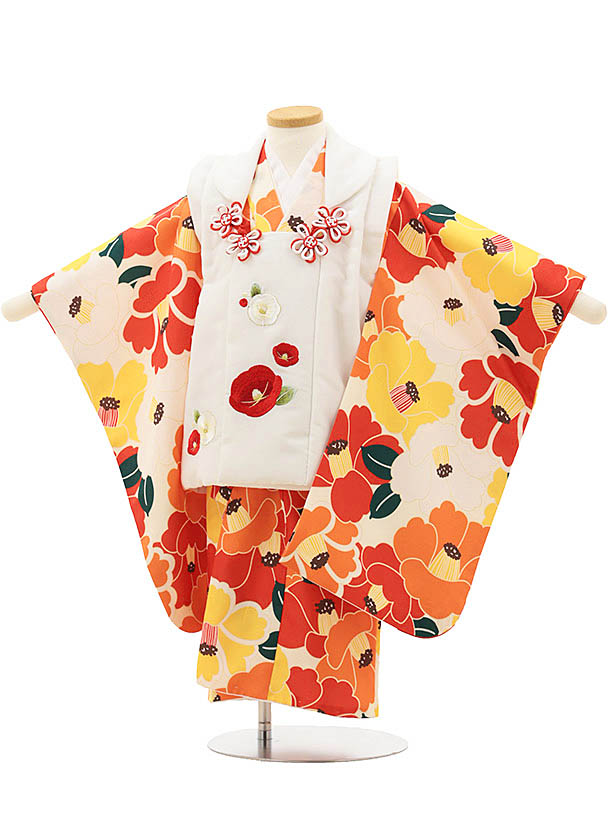 【楽天市場】七五三(3歳女児被布) 3146 白 椿×クリーム 椿レンタル 3歳 女児 被布 七五三 753 着物 三 女の子 着物 お祝い着 ...