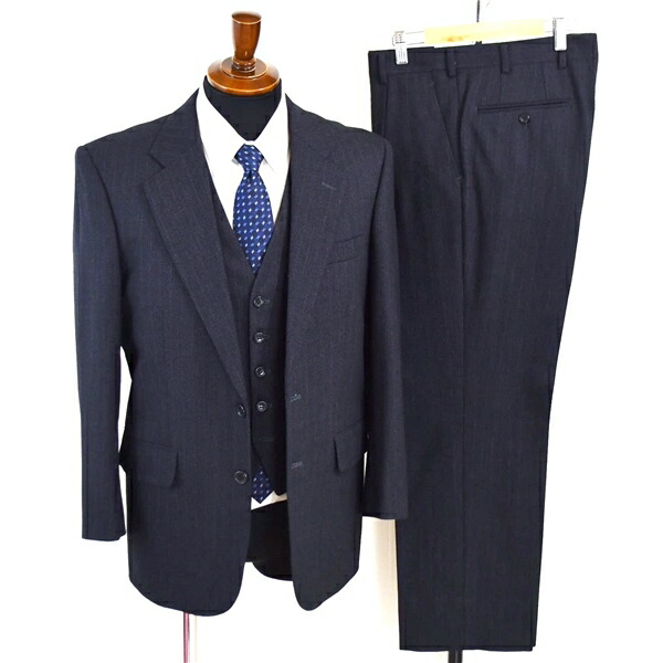 【楽天市場】【送料無料】5XB058】ROSSY 3ピース 2つボタン シングルスーツ M A4 ダークグレー ストライプ 極 定番 人気 ...