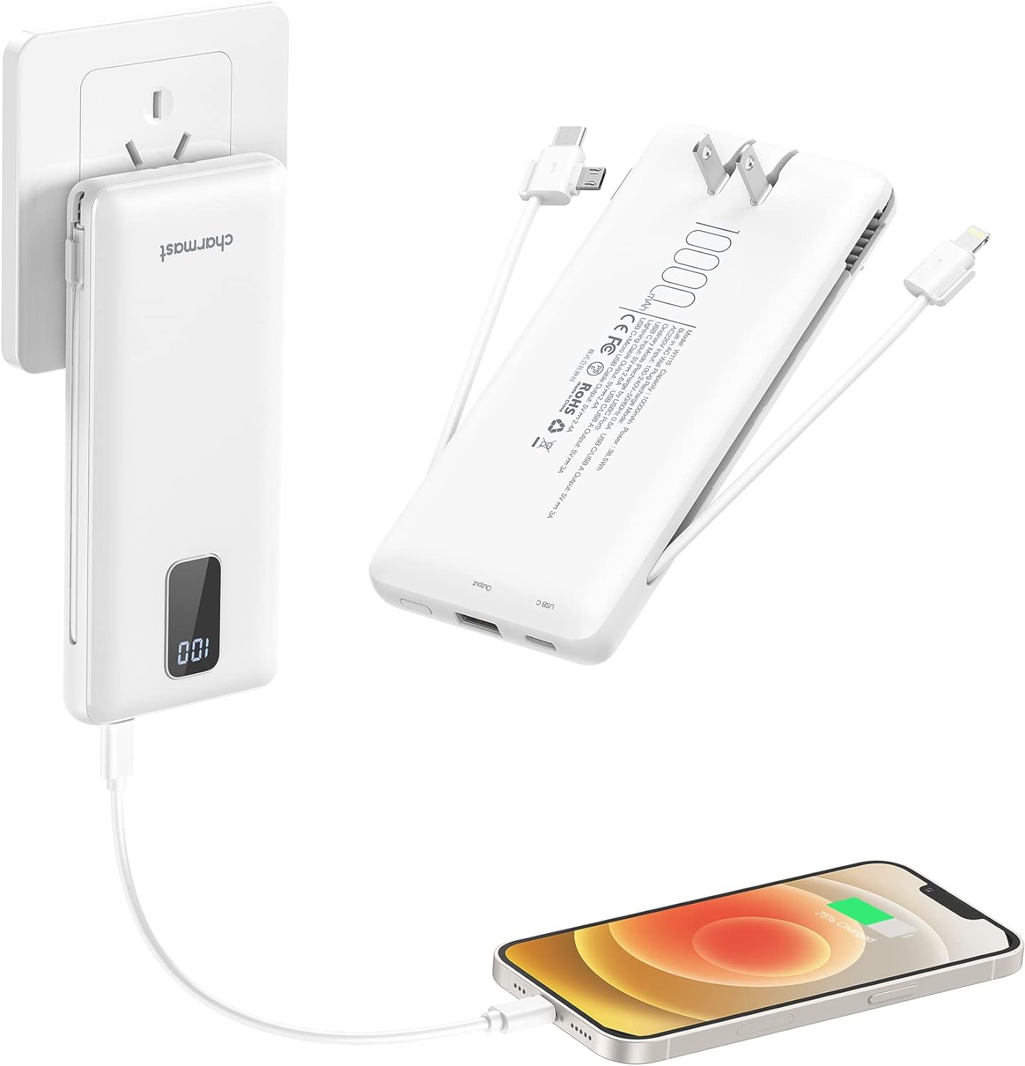 【楽天市場】【10％OFFクーポン】折畳みプラグ 2本ケーブル内蔵 Charmast モバイルバッテリー 10000mAh 大容量 3A急速 ...