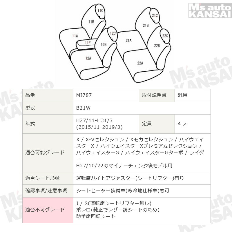 【楽天市場】デイズ [B21W][H27/11-H31/3]品番MI787ベレッツァ ワイルドステッチαシートカバー初回取付破損保証付き：エムズオートカンサイ楽天市場店