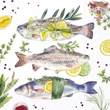 【楽天市場】IHR ペーパーナプキン☆DELICIOUS FISH☆（1枚・バラ売り）魚 鱒 鮭 マリネ ハーブ レモン デコパージュ 可愛い ...