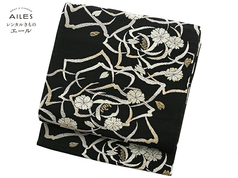 【楽天市場】【レンタル】おしゃれ帯 袋帯 単品 FF0033 黒地にバラ模様 帯だけ 単品レンタル 袋帯 振袖 成人式 前撮り 結婚式 ...