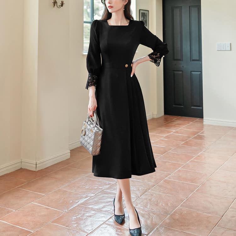 【楽天市場】【韓服スタイル】レース カフス ツーボタン ポイント サイドプリーツ ワンピース スクエアネック 七分袖 ひざ下丈 Aライン ハイウエスト ボタン レース シースルー 上品 大人の ...