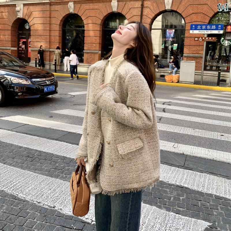 【楽天市場】ツイード ジャケット レディース アウター おしゃれ 冬 厚手 Vネック コート ベージュ 韓国：Grams楽天市場店