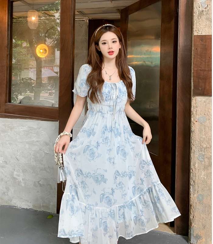 【楽天市場】夏新作 予約商品 大きいサイズ レディース ワンピース 膝丈 半袖 花柄 ギャザー ティアード デコルテ 韓国ファッション M L ...