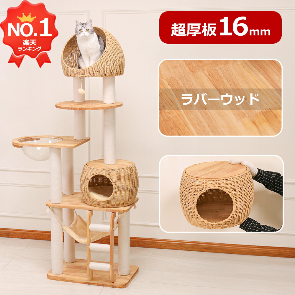 【楽天市場】【新品登場お試し】 キャットタワー 木製 天然木 大型 据え置き 大型猫 おしゃれ ラバーウッド インテリア性 多頭飼い スリム 見晴台 猫タワー クリアボウル 中型猫 爪研ぎ ...